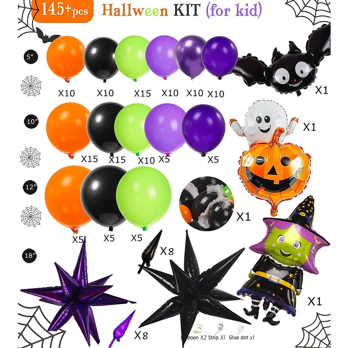 Halloween Balloon Garland Arch Kit 170pcs Orange and Black Purple green balloons with Spooky Spider Bat Pumpkin foil Balloons for fall Halloween Party Decorations