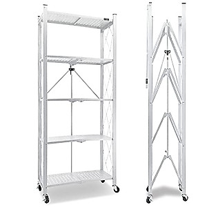 ALANNG 5 Tier Storage Shelves Heavy Duty on Wheels, Foldable Metal Shelving Units 11.1" D x 24.2" W x 59" H for Garage Kitchen Bakers, No Assembly Organizer Rack White