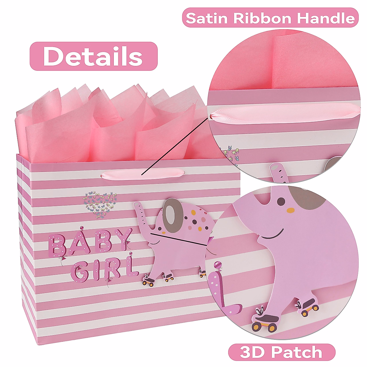 13" Large Pink Gift Bag Set with Greeting Card and Tissue Paper(3D elephant) for Baby Girl,Baby Shower,Kids Birthday Party,Newborn,New Moms or Parents-13” x 5.2” x 10.2”, 1 Pcs.