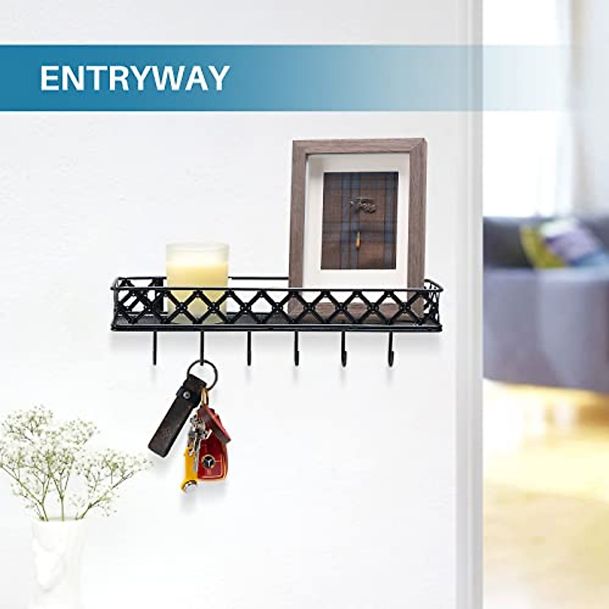 HOMERACK Key Holder for Wall, 6 Key Hooks, Wall Mount Key Rack with Mail Organizer, Metal Key Hanger for Entryway, Hallway, Office, Black