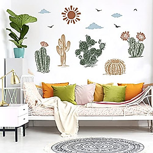 Mfault Boho Cactus Botanical Wall Decals Stickers, Bohemian Cacti Green Plant Sun Cloud Bird Nursery Decorations Kids Bedroom Art, Neutral Toddlers Room Classroom Playroom Decor
