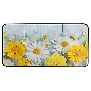 susiyo Kitchen Mat Sunflower Daisy On Blue Wooden Kitchen Rug Mat Anti-Fatigue Comfort Floor Mat Non Slip Oil Stain Resistant Easy to Clean Kitchen Rug Bath Rug Carpet for Indoor Outdoor Doormat
