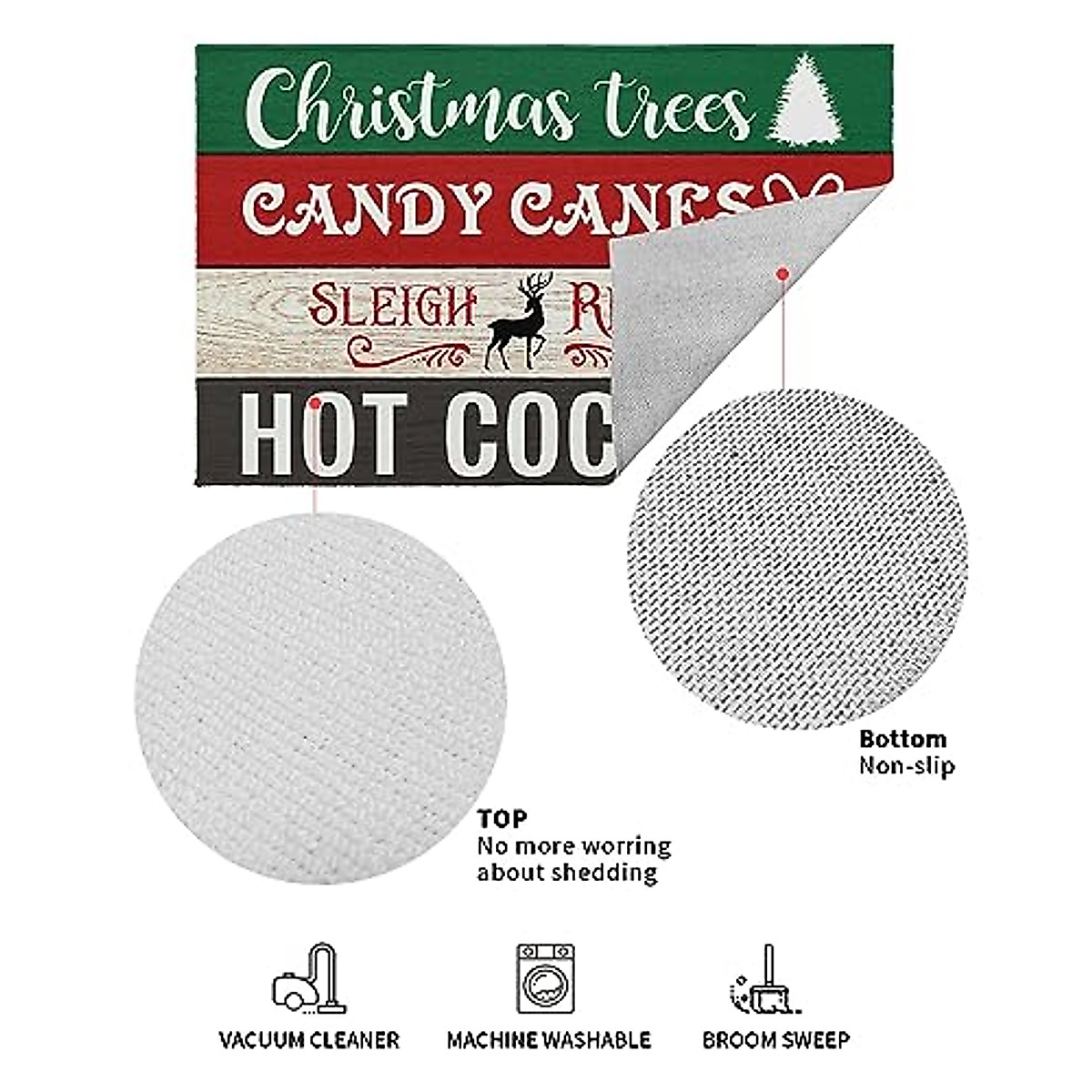 Savannan Floor Mats,Christmas Trees Candy Canes Sleigh Rides Hot Cocoa Wooden Red Green Gray Non Slip Latex Backing Ultrathin Loop Pile Door Rugs for Dining Room Office Home Decor 24"x36"