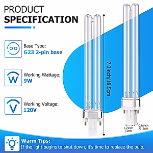 Qualirey 2 Pcs 9W UV Light Bulb Compatible with D200 Air Purifier, Air Purifier Whole House UV Light for R18, R18D R2000 Induct Air Purifier, UVC G23 2 Pin Base HVAC UV Light Bulb Replacement