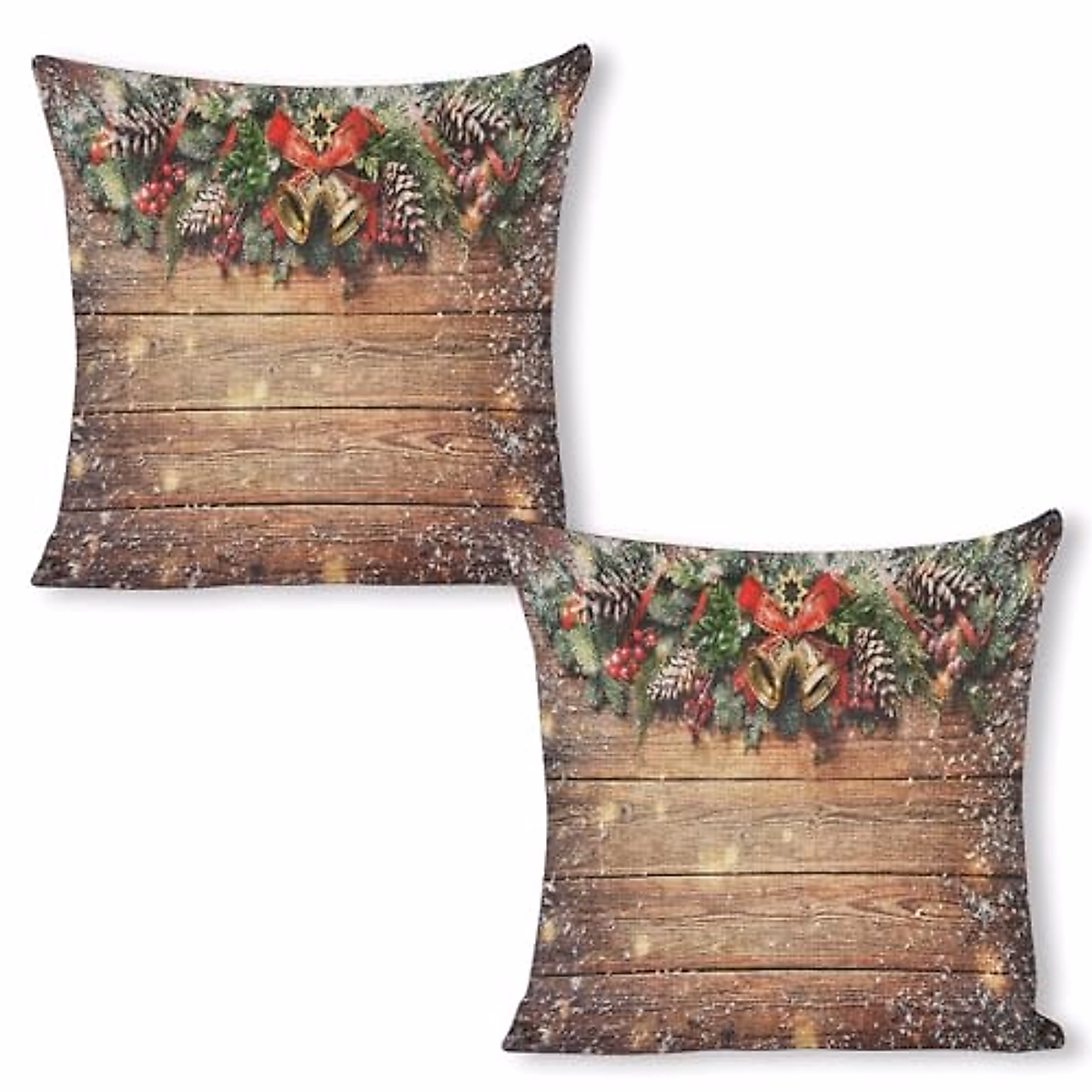 Christmas Bells Fir Tree Throw Pillow Covers 18×18 Pillowcases Set of 2 Dark Wooden Board Linen Decorative Square Pillow Case Cushion Covers Standard Size for Sofa Couch Outdoor Bed Pillow Protectors