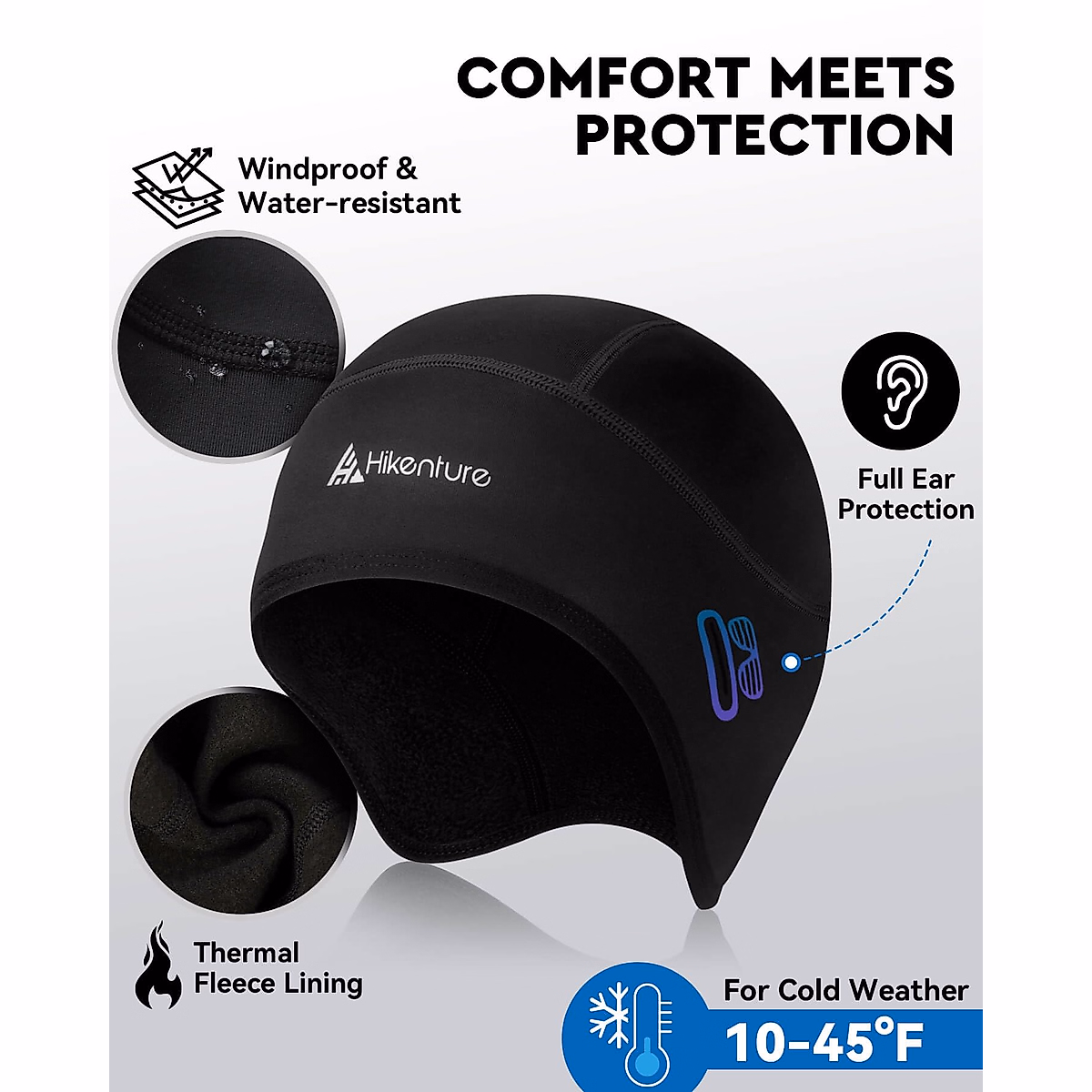 Hikenture Skull Cap Helmet Liner with Glasses Holes, Winter Thermal Cycling Cap for Men & Women, Cycling Hat Beanie Black