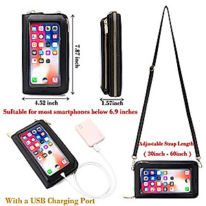Small Touch Screen Phone Bag for Women, Zipper Crossbody Purse Leather Shoulder Bag RFID Blocking Wallet Handbag(T-Black)