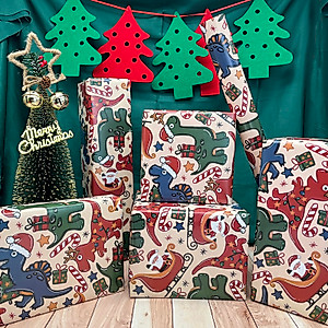 Dtiafu Dinosaur Wrapping Paper For Boys Girls Kids - 8 Sheets Dino Christmas Gift Wrap with Santa Candy Cane Joy for Birthday Wedding Holiday - Cute Cream Wrapping Paper - 20 x 28 Inch Per Sheet…
