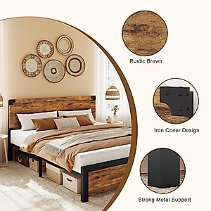 GAOMON Full Bed Frame, Platform Full Size Bed Frame with Wood Headboard, Metal Full Bed Frame with Under Bed Storage and Support Legs, Noise Free, No Box Spring Needed, Easy Assembly-Rustic Brown
