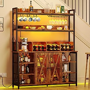 IRONCK Coffee Bar Cabinet with Power Outlet, Industrial Buffet Cabinet with LED Strip and Glass Holder, 3-Tiers Liquor Cabinet Bar for Home, Dining Room, Kitchen, Vintage Brown
