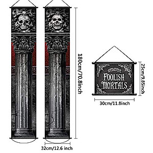 2 Pieces Halloween Gothic Mansion Banners Halloween Skull Hanging Banners with Welcome Foolish Mortals Porch Sign Spooky Halloween Pillar Sign Banner Decorations for Outdoor Halloween Party Supplies
