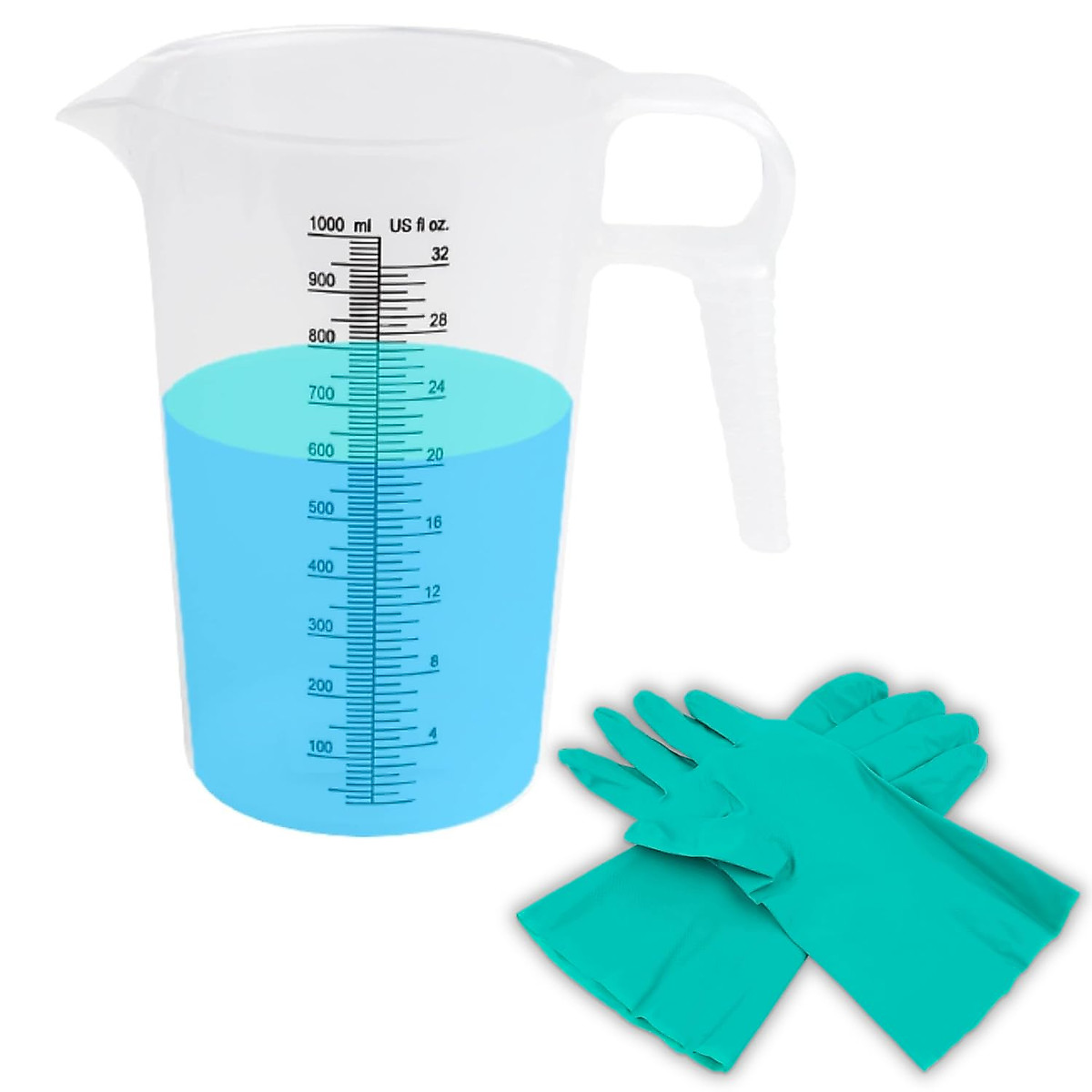 ACCUPOUR Measuring Pitcher, Plastic, Multipurpose - Great for Chemicals, Oil, Pool and Lawn - Ounce (oz) and Milliliter (mL) Increments, Bundle with ACCUTECH Nitrile Gloves (13 mil) XL (32oz)