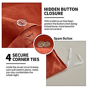 Simple&Opulence 100% Linen Duvet Cover Set 3pcs Basic Style Natural French Washed Flax Solid Color Soft Breathable Farmhouse Bedding with Button Closure - Brick Red, King