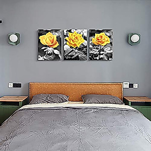 Canvas Wall Art For Bedroom Living Room Bathroom Wall Decor For Kitchen Family Pictures Artwork Black And White Yellow Rose Flowers Paintings 12" X 16" 3 Pieces Framed Modern Office Home Decorations