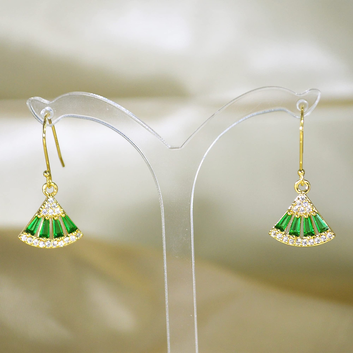 MOMOCAT 18K Gold Plated Triangle Small Emerald Green and Gold Statement Fringe Hanging Chandelier Rhinestone Drop Earrings for Women Jewelry Dangle Fashion