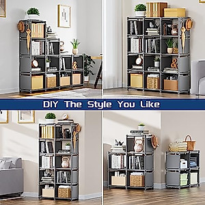 Mavivegue Book Shelf, 12 Cube Storage Organizer, DIY Bookcase, Metal Cube Bookshelf,Tall Book case for Bedroom, Living Room,Office,Closet Storage Organizer, Grey Cubicle Storage Rack