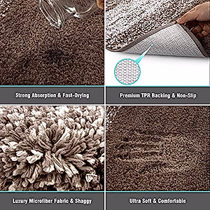 Vaukki Luxury Soft Bathroom Rugs Set of 2, Non Slip Washable Plush Bath Floor Mats, Microfiber Shaggy Absorbent Striped Bath Carpet for Tub, Bathroom and Shower (18''x26''+20''x32'', Coffee)