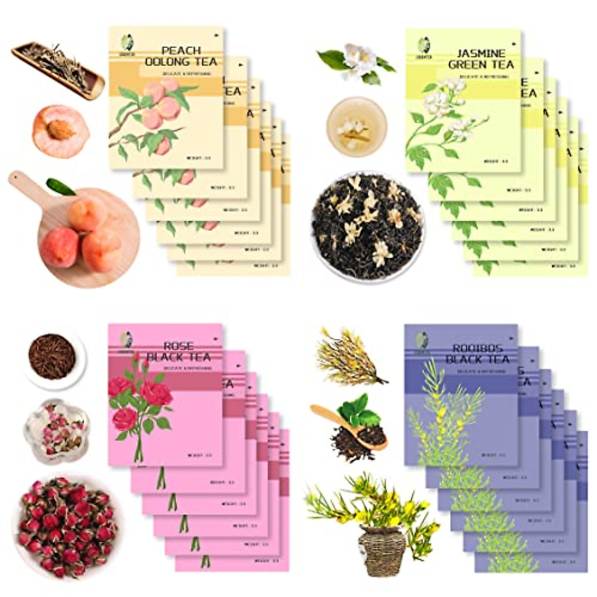 Libamtea Tea Sampler Gift Sets - Assorted Tea Gift Box - 24 Count Tea Bags,4 Tea Flavors | 100% Natural Ingredients | Holiday Gifts for Women（Peach Oolong,Jasmine,Rose Black,Rooibos）