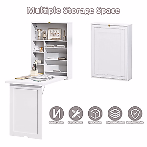JAXPETY Wall Mounted Space Saving Desk Fold Out Convertible Desk Wood Floating Writing Desk with Storage Shelves Laptop Tabletop for Home Office, White