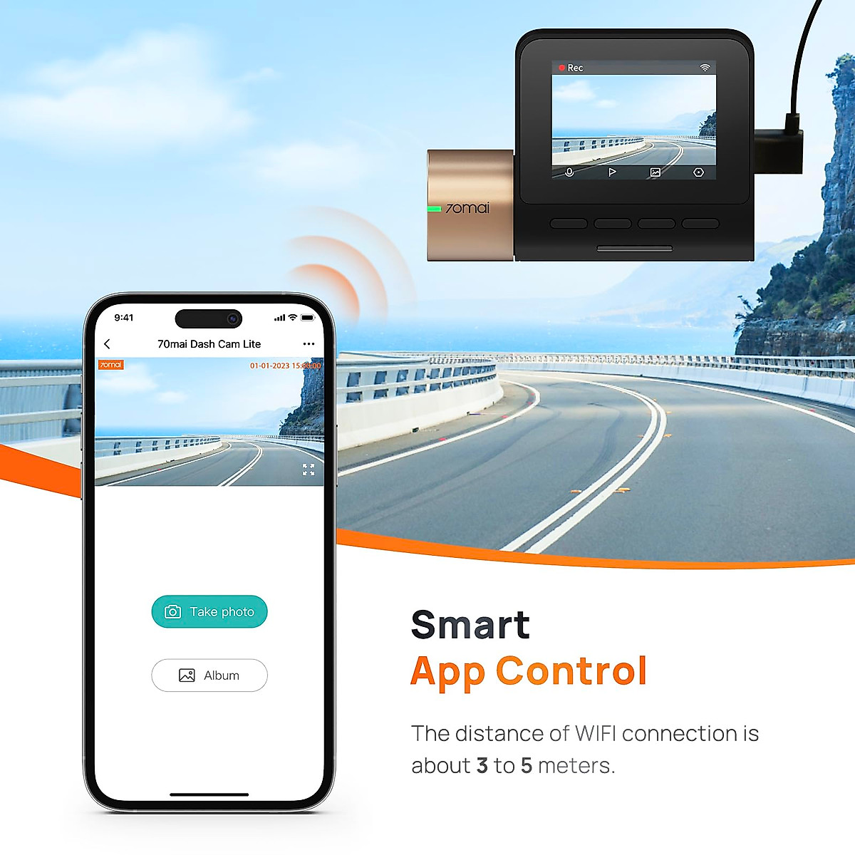 70mai Dash Cam Lite, 70mai Micro SD Card 32GB, 1080P Full HD, Sony IMX307, Built-in G-Sensor, 130° Wide Angle FOV, WDR, Night Vision, Loop Recording