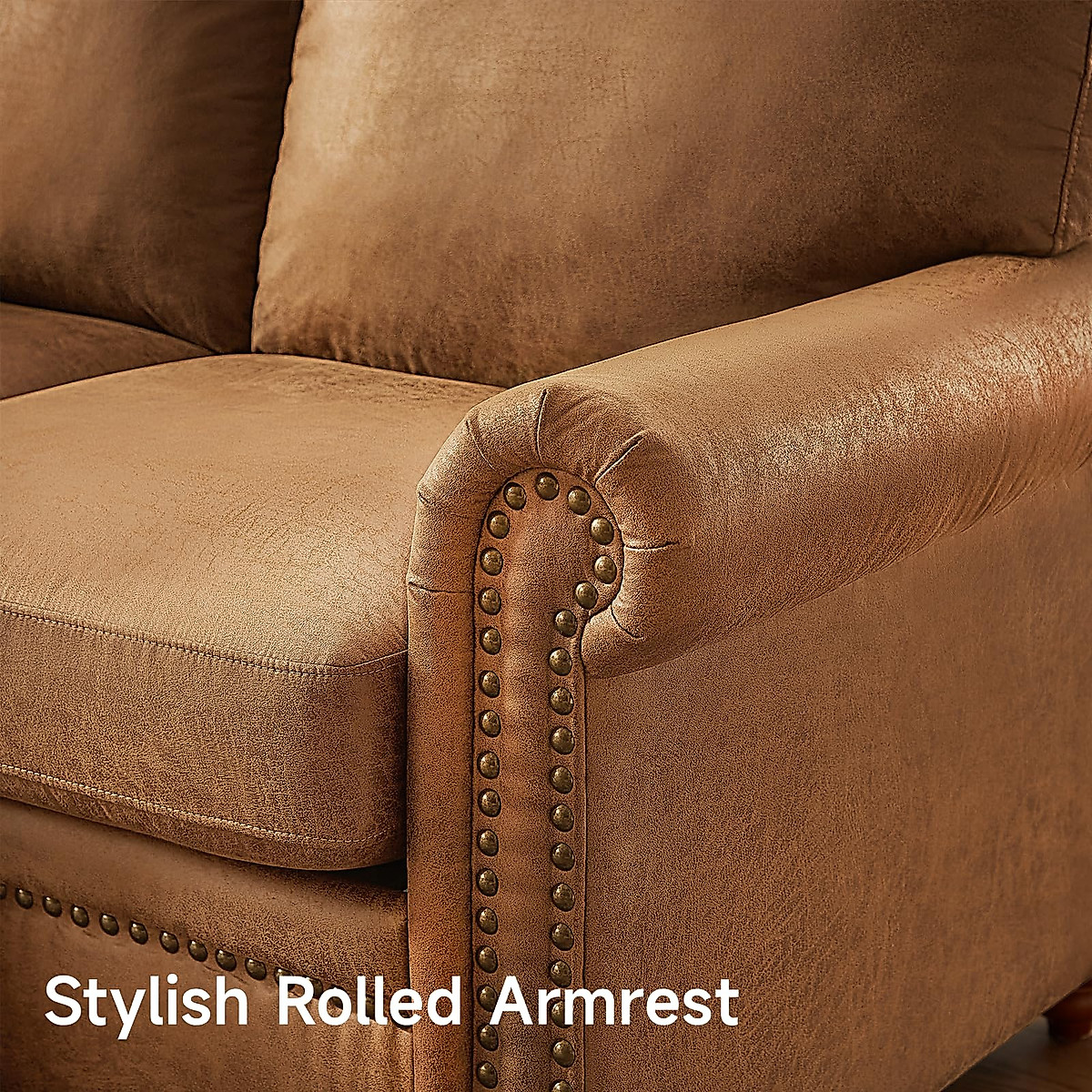 ONBRILL 84" Faux Leather Couch, Mid-Century Modern Couch w/Brass Nailhead Trim, 3 Seater Leather Sofa Couch w/Rolled Arm, Pocket Spring Cushions, Gourd Feet, Brown Couch Leather Sofas for Living Room