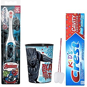 Marvel inipired, PG, firefly, smilecare Avengers Black Panther Spinbrush Kids Powered Toothbrush & Crest Sparkle Fun Toothpaste Bundle Plus Avengers Mouthwash Rinse Cup Bundle