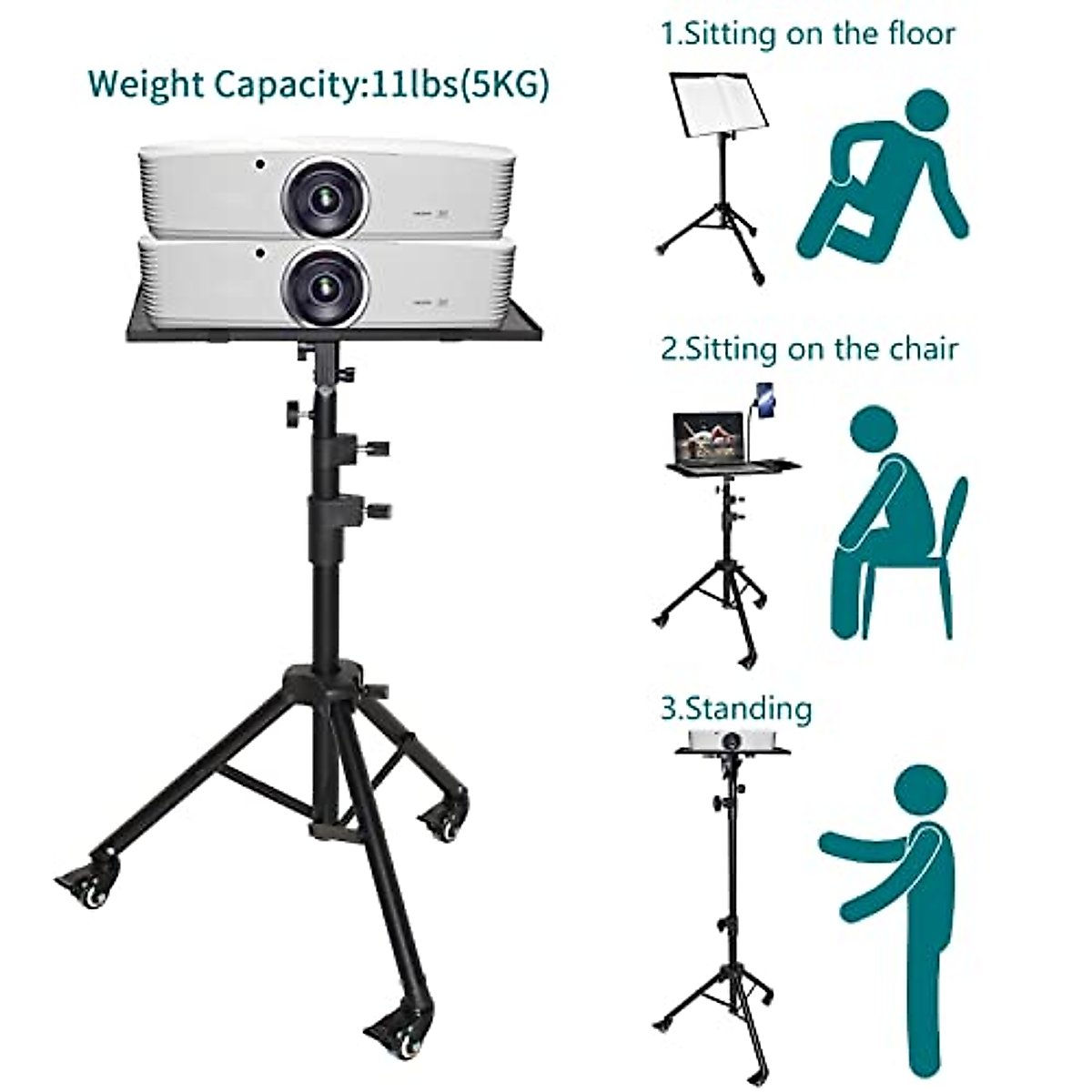 Projector Stand, Sturdy Durable Metal Laptop Tripod Stand with Wheels, Folding Floor Tripod Stand with Tray, Adjustable Height Portable DJ Equipment Stand for Indoors and Outdoors (29 Inch-69 Inch)