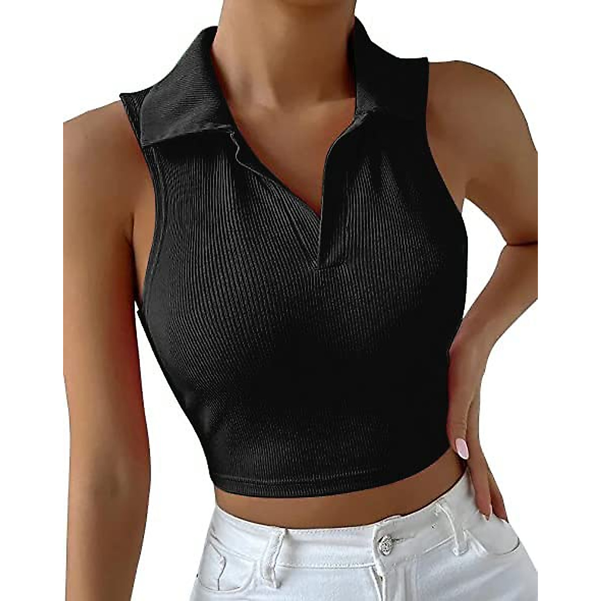 Womens 2 Pack Workout Crop Tops Collared Sleeveless Ribbed Tank Top Athletic Golf Polo Shirts Exercise Gym Yoga Tops
