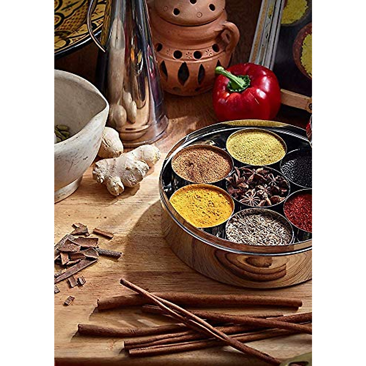 ARTISENIA Mother's Day Gifts Stainless Steel Spice Container Masala Box 7 Containers and 2 Small Spoon Masala Box Indian Masala Dabba With Size 9 X 9 Inches