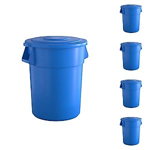 5-Pack! 55 Gallon Blue Round Commercial Trash Can and Lid, Perfect for Restaurant, Office, School, Garage, Backyard, Workshop, Warehouse