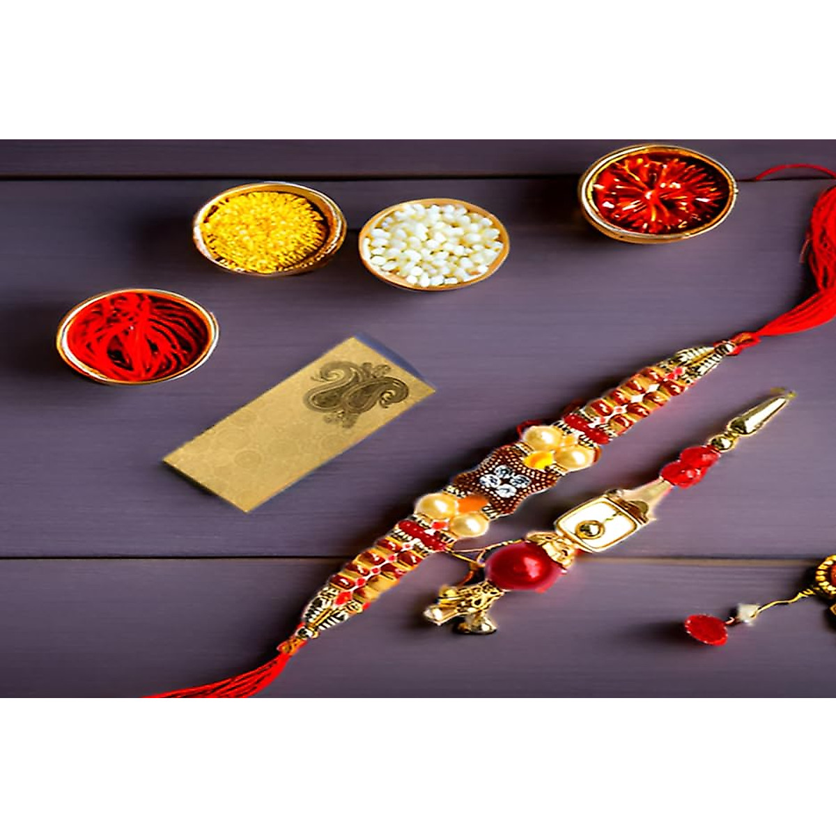 Purpledip Bhai Dooj Rakhi Set For Bhaiya Bhabhi In Shagun Envelop With Auspicious Roli Chawal Tika (rakhi35r)