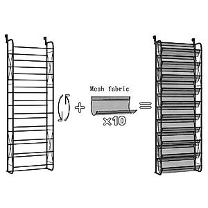 JSB 10 Tier Shoe rack Mesh fabric Over The Door Shoe Organizer X-structure Trouser hangers Closet Pantry Hanging Shoe Clothes Toys Storage Shelves (Black, 10 Tier)