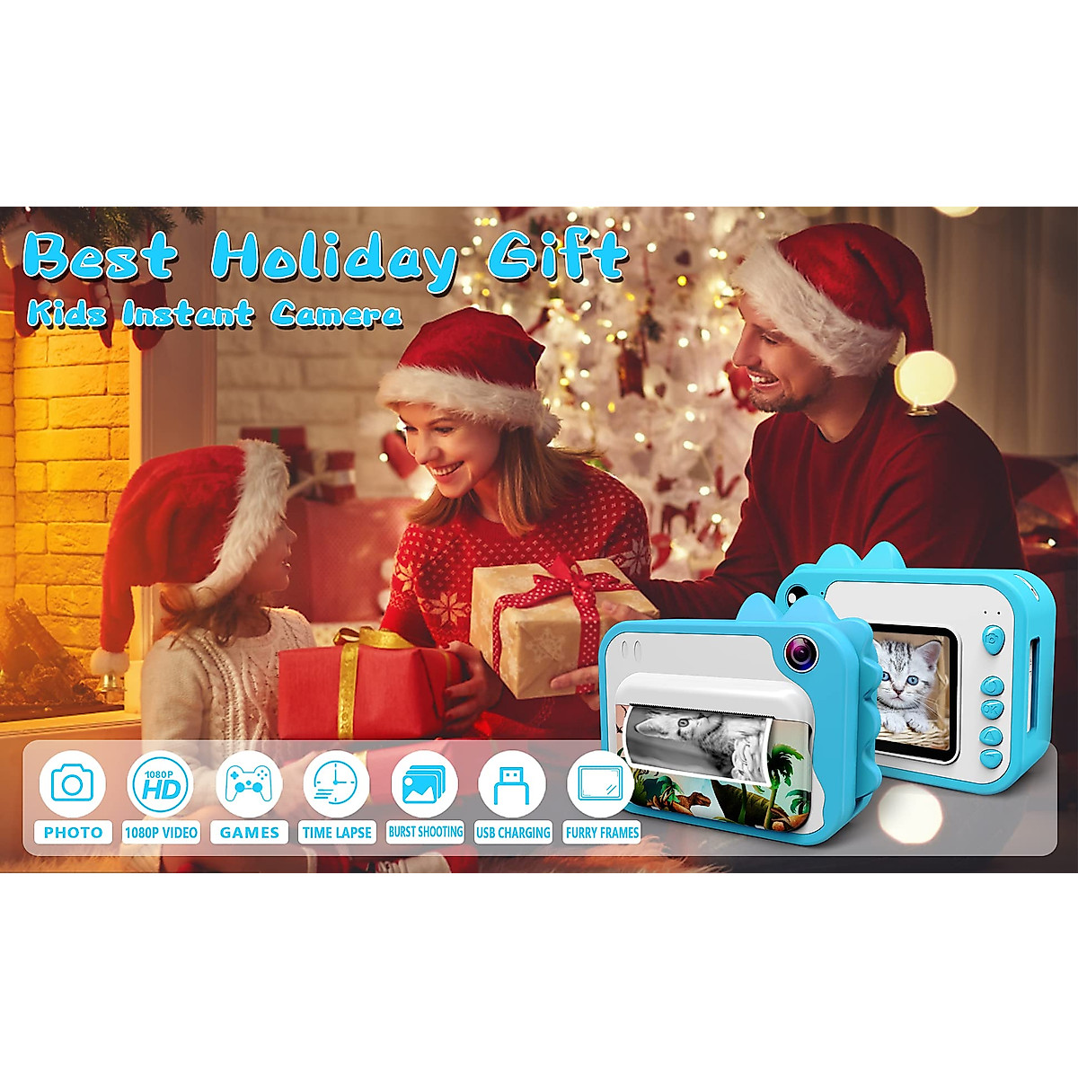 Camera Kids Instant Print USHINING 1080P Instant Camera for Kids Aged 3-12 Ink Free 12MP Print Camera for Kids 2.4 Inch Screen with 32GB SD Card,Color Pens,Print Papers (Blue)