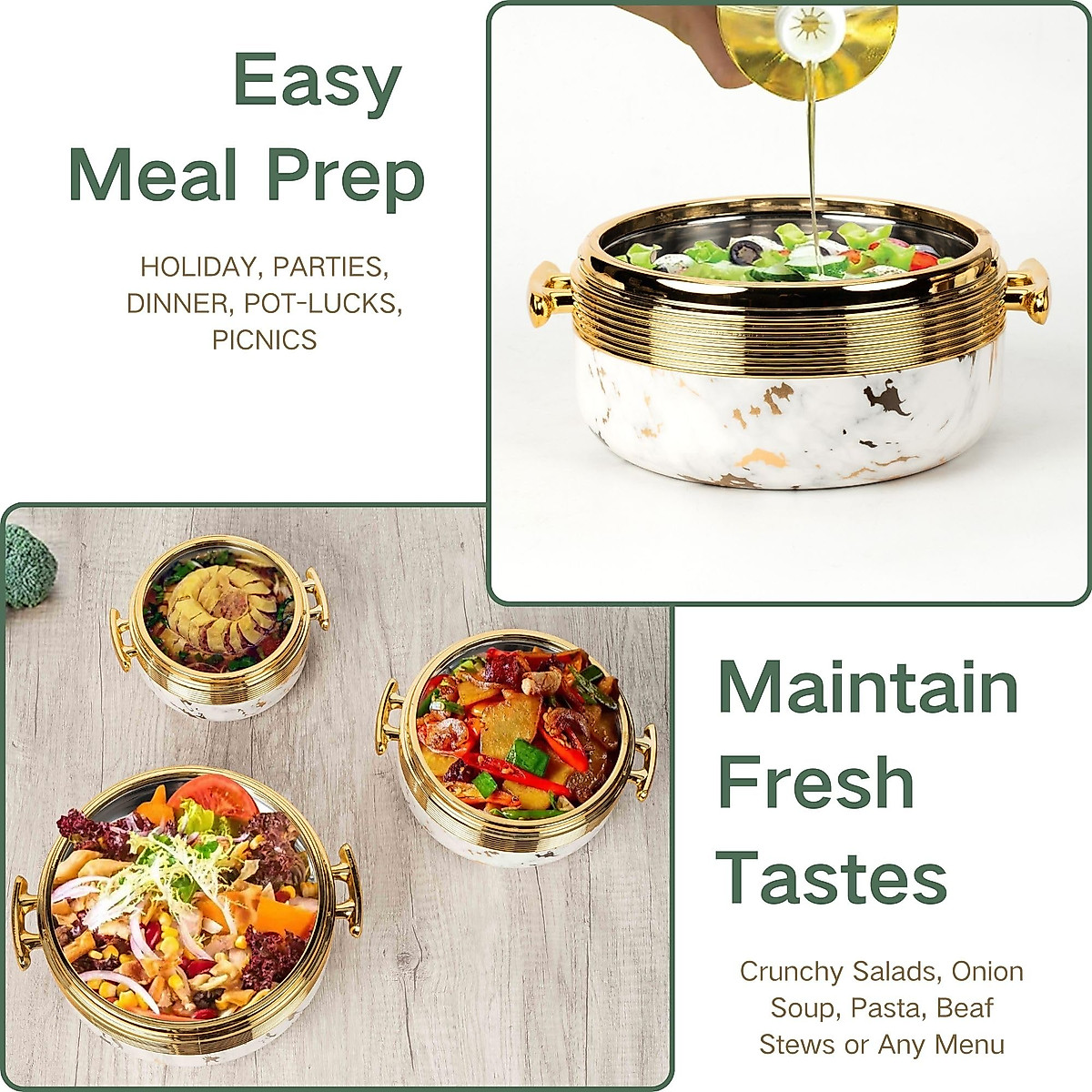 TOMANOON Round Thermal Hot/Cold Serving Bowls Set of 3, 3.5/2/1 L Insulated Casserole Dishes With Lid, Great for salad, stews, and soup, Ideal for parties, holidays, and Travel(Marble White)