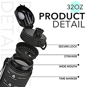 GOSWAG 32oz Motivational Water Bottles with Time Marker and Fruit Strainer, Sports Water Bottle with Times to Drink, Leakproof, Reusable Plastic Bottle with Strap no Straw for Gym, School
