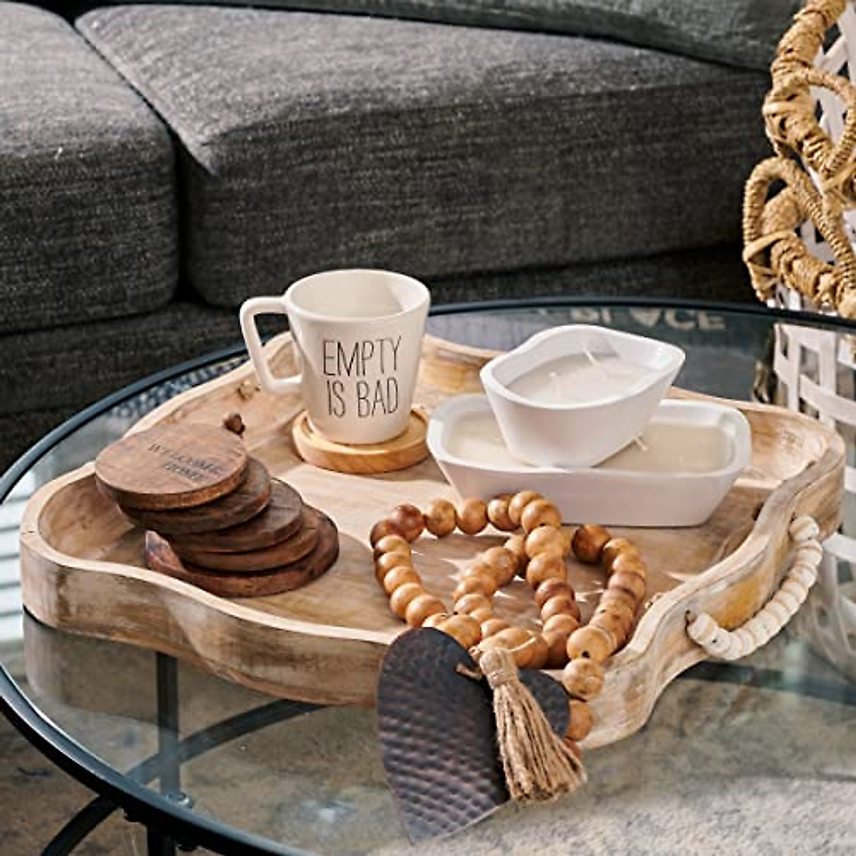 Mud Pie Scalloped Beaded Tray, 18" x 18", Brown