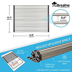 Breathe Essential | 17.5" x 13.8" Roll Up Dish Drying Rack - Over The Sink Caddy for Kitchen Counter, Folding Dish Mat, Foldable Stainless Steel Trivet Accessories