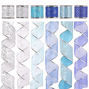 AIMUDI Blue and Silver Christmas Ribbon Wired 2.5" Ice Blue Christmas Tree Ribbon Garland 6 Rolls 36 Yards Turquoise Blue Ribbon for Christmas Tree Topper Bows, Crafts, Gift Wrapping, Wreaths