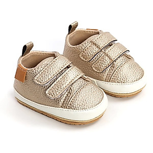 BABSMULY Baby Boys Girls Shoes Non-Slip Rubber Sole High-Top PU Leather Sneakers Infant First Walking Shoes Toddler Crib Shoes Newborn Loafers Flats.(Gold, 6-12 Months)