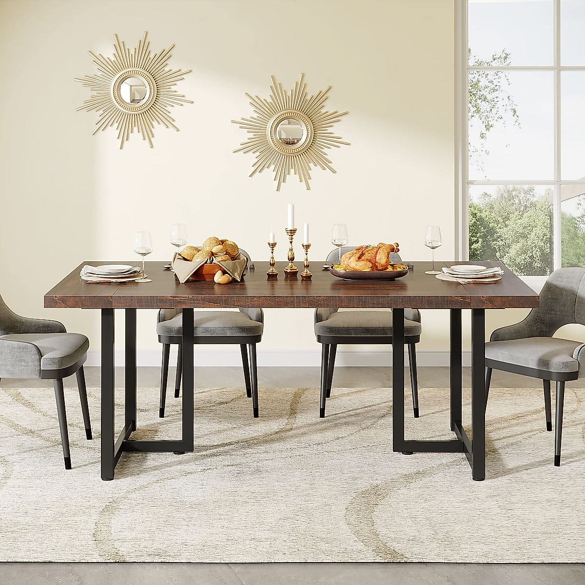 Tribesigns Dining Table Kitchen Table for 6,Farmhouse Kitchen Table for Dining Room, Industrial Rectangular Table with Steel Legs Metal Frame, Kitchen, Home Furniture (Brown)