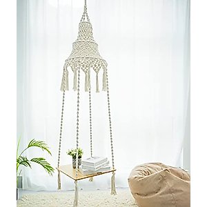 Amdermi Macrame Hanging Shelf Hanging Rope Shelf Indoor with Boho Lamp Shade Floating Square Shelves Decorative Shelf Table Holder Planter Display Rack Boho Home Decor. Ceiling Mount Rope Shelf