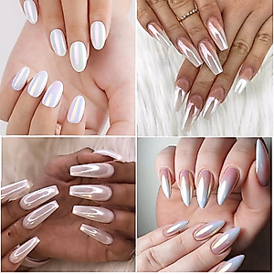 White Pearl Chrome Nail Powder - 2 Boxes Pearl Powder Ice Transparent Aurora Chrome Nail Powder, High Gloss Pearlescent Iridescent Glitters Powder Metallic Pigment for Nails