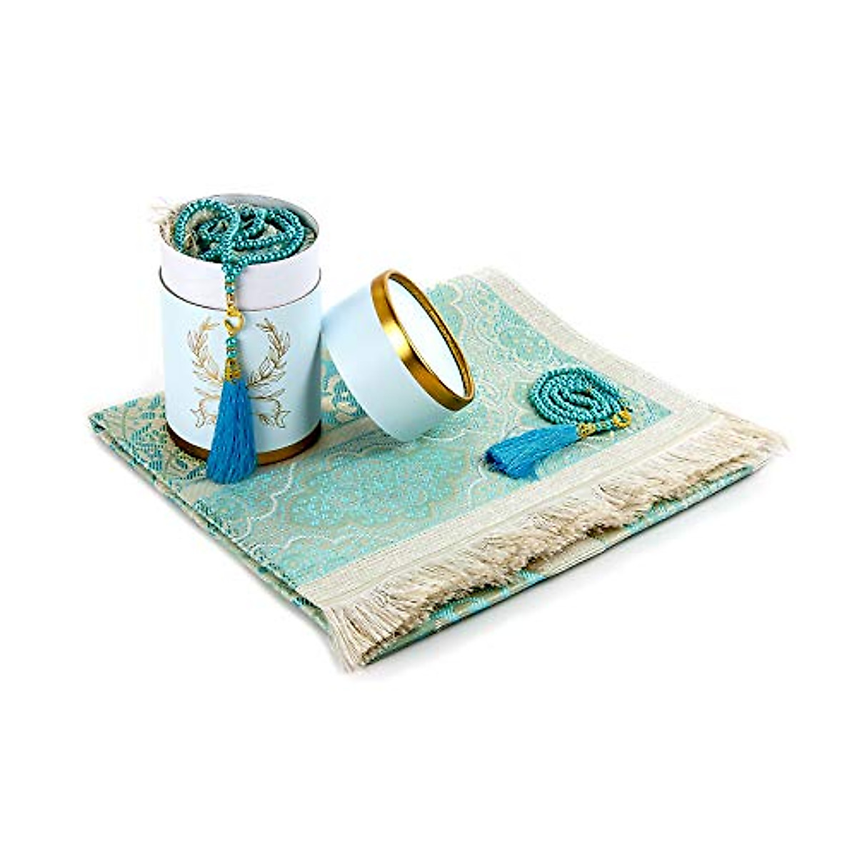 Muslim Prayer Rug and Prayer Beads with Elegant Cylinder Gift Box | Janamaz | Sajadah | Soft Islamic Prayer Rug | Islamic Gifts Set | Prayer Carpet Mat, Taffeta Fabric, Blue