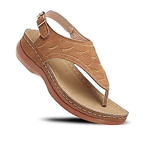 Leather Orthopedic Sandals for Women, Orthopedic Arch Support Diabetic Walking Sandals, Adjustable Platforms Orthotic Wedge Sandals Summer (Khaki, adult, women, numeric_6_point_5, numeric_range, us_footwear_size_system, numeric_7, medium)