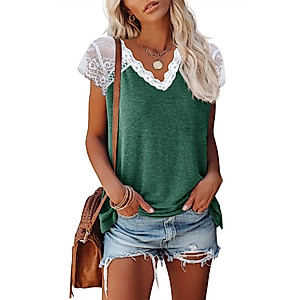 KINLONSAIR Women's Crochet Lace Basic V-Neck T-Shirts Short Sleeve Loose Fitting Tunic Tank Tops