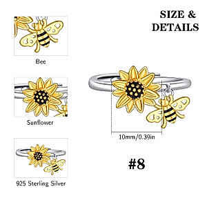 Sunflower Rings Sterling Silver Sunflower and Bee Rings Sunflower Adjustable Bee Ring Sunflower Jewelr Gifts for Women Girls Summer Birthday Mother's Day