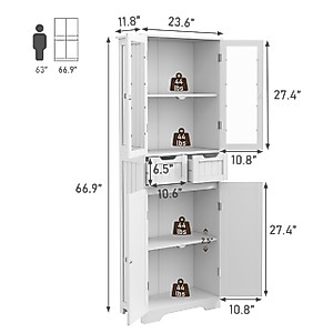 67" Tall White Bathroom Cabinet Bathroom Cabinet Storage Cabinet, Freestanding Storage Cabinet With Glass Door and Adjustable Shelves, Linen Bathroom Cabinet for Living Room, Kitchen, Dining, White