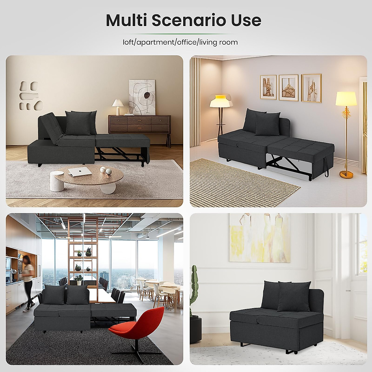 BUPPLEE 4-1 Convertible Sleeper Chair Bed, Sleeping Chairs for Adults, Sleeper Sofa Bed with 2 Pillows & Adjustable Backrest for Small Loft Apartment Office Living Room,Black