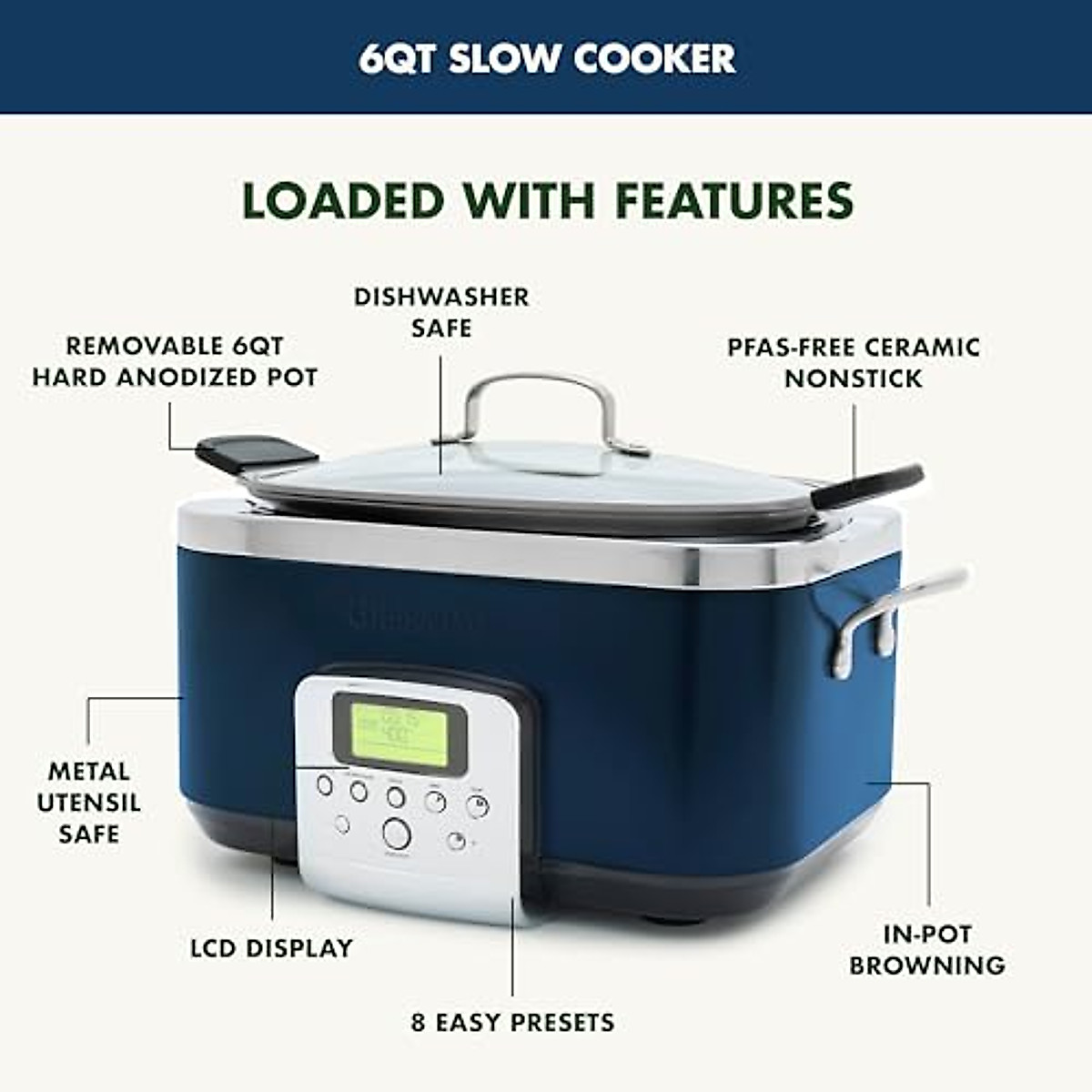 GreenPan Elite 8 - in -1 Programmable 6QT Electric Slow Cooker, Dishwasher Safe Lid & Removable Crock, PFAS-Free Healthy Ceramic Nonstick Multi-Cooker,Sear, Sauté/Brown,Steam Basket,Roast, Oxford Blue