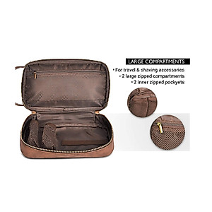 Vetell Classic Leather Men's Travel Toiletry Bag and Dopp Kit with Upper and Lower Zippered Compartments, 2 Mesh Bottle Pouches and Carrying Handle